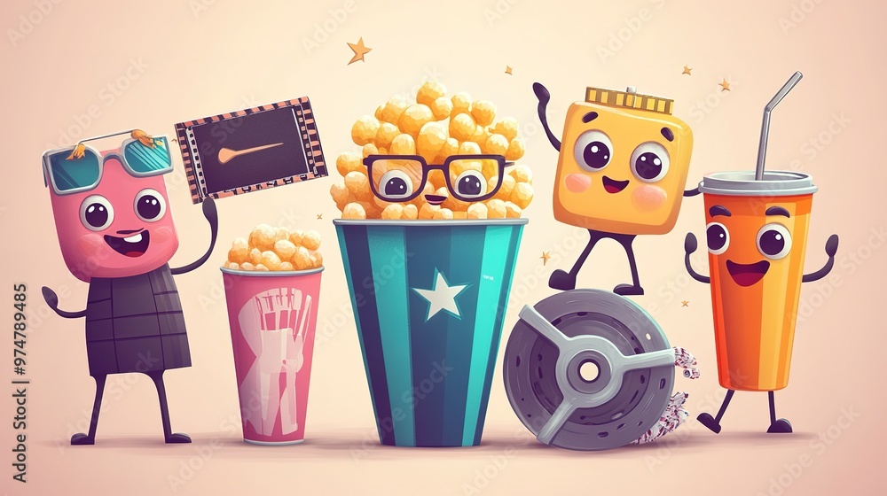 Cinema groovy cartoon characters. Comic retro vector set of movie ...