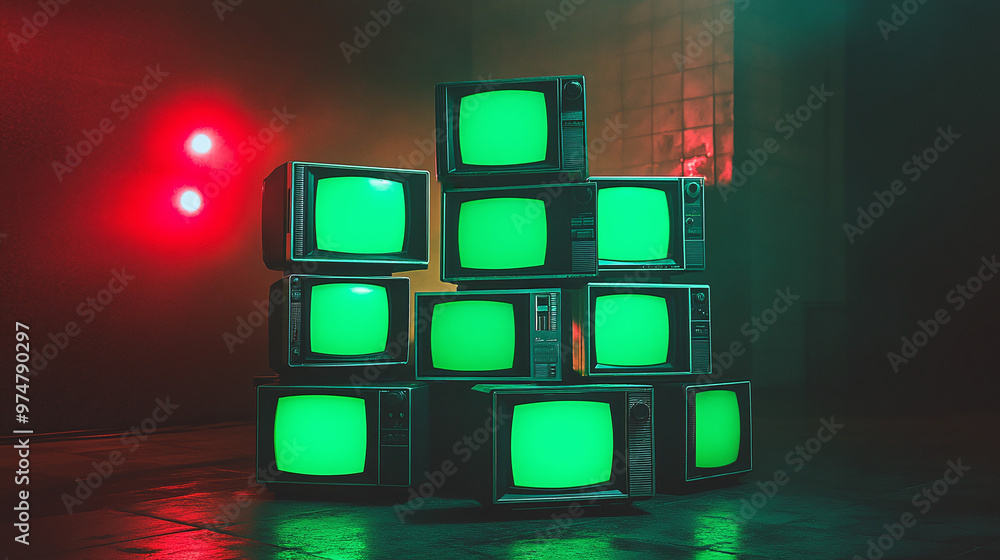 3d rendered stack of classical old televisions, aged green screen tv ...
