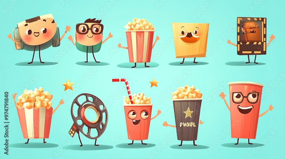 Cinema groovy cartoon characters. Comic retro vector set of movie ...