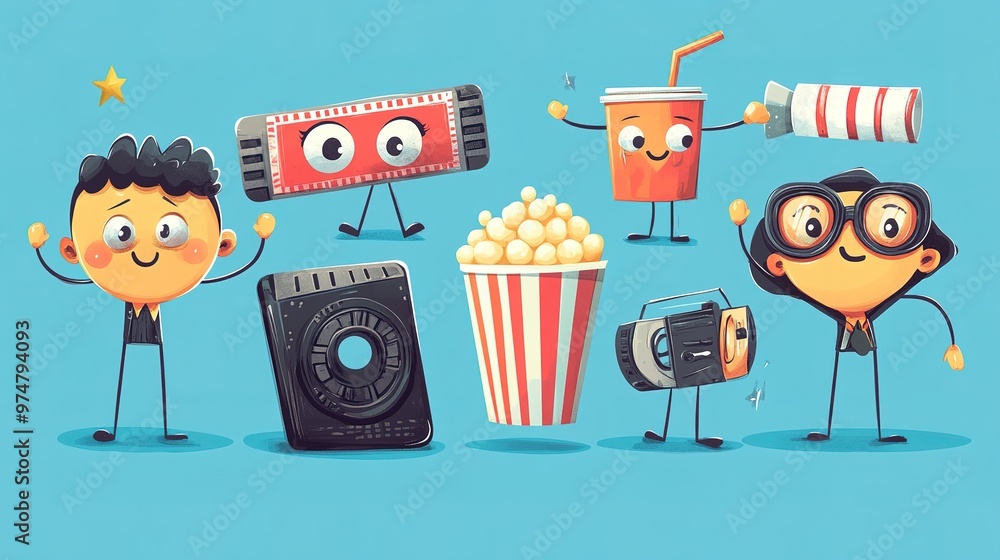 Cinema groovy cartoon characters. Comic retro vector set of movie ...