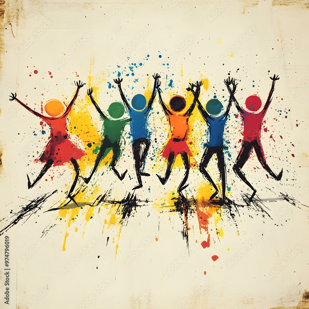 Joyful stick figures in dynamic poses, celebrating movement and energy ...