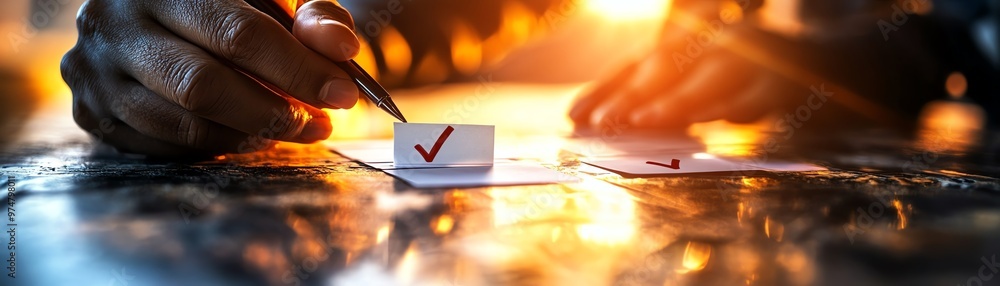 Close-up of a hand marking a checklist with a checkmark on a paper ...