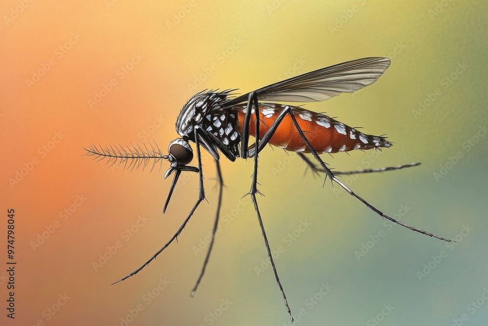 A realistic image of an Aedes mosquito in mid-flight, with its wings ...