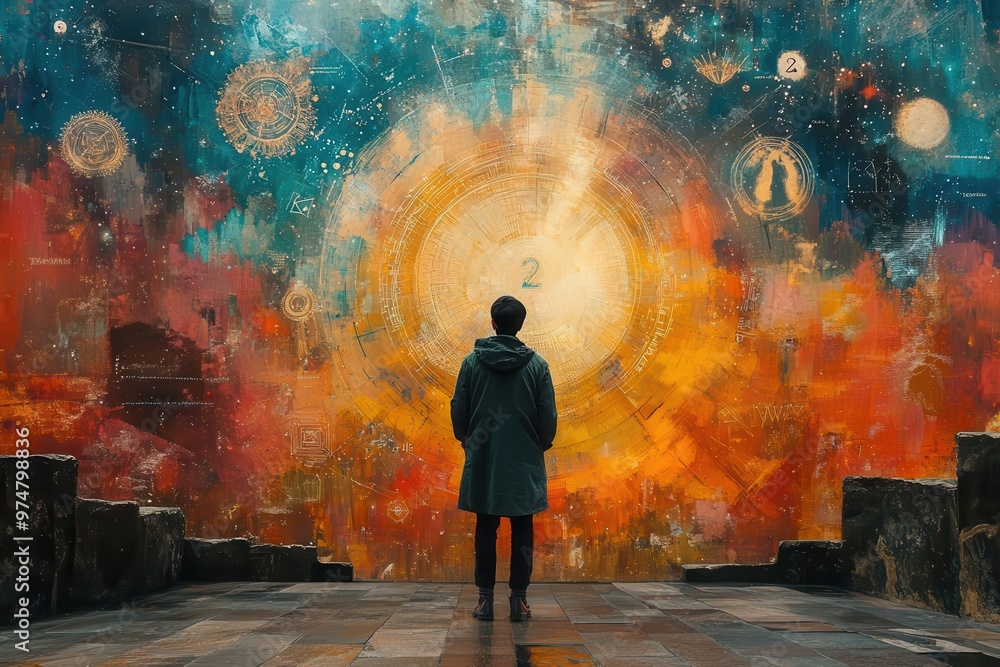 surreal collage of time traveler exploring astral plane surrounded by ...