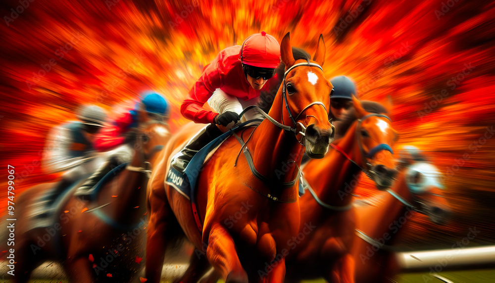 Jockey in red races towards victory, autumn leaves blurring behind ...