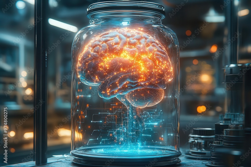 surreal digital artwork of a glowing translucent brain suspended in a ...