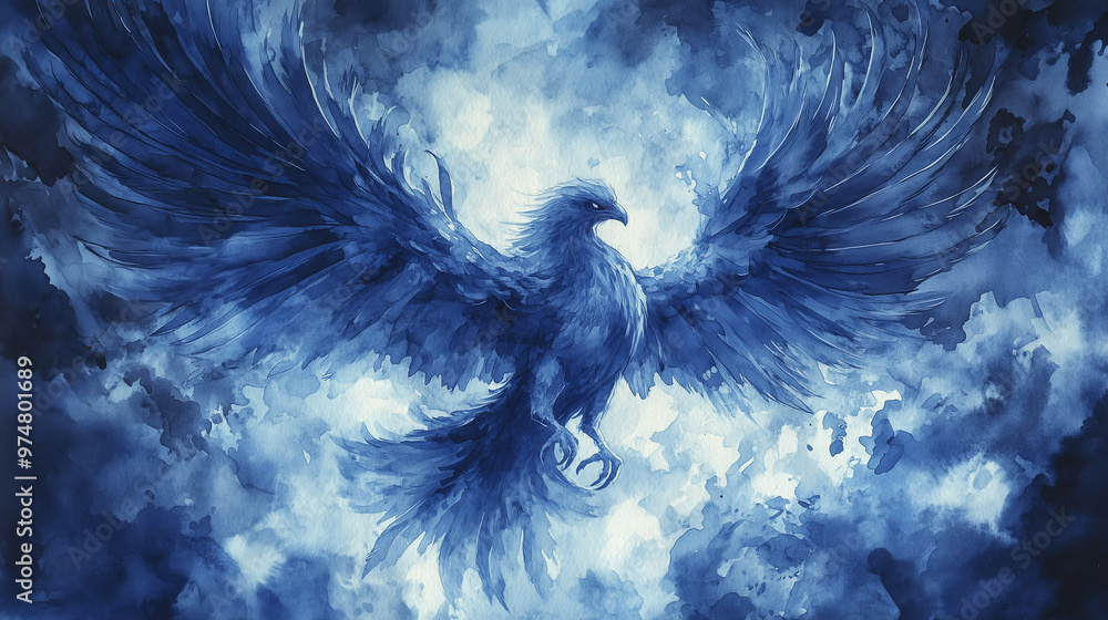 Majestic blue phoenix rising through stormy clouds in mystical fantasy ...