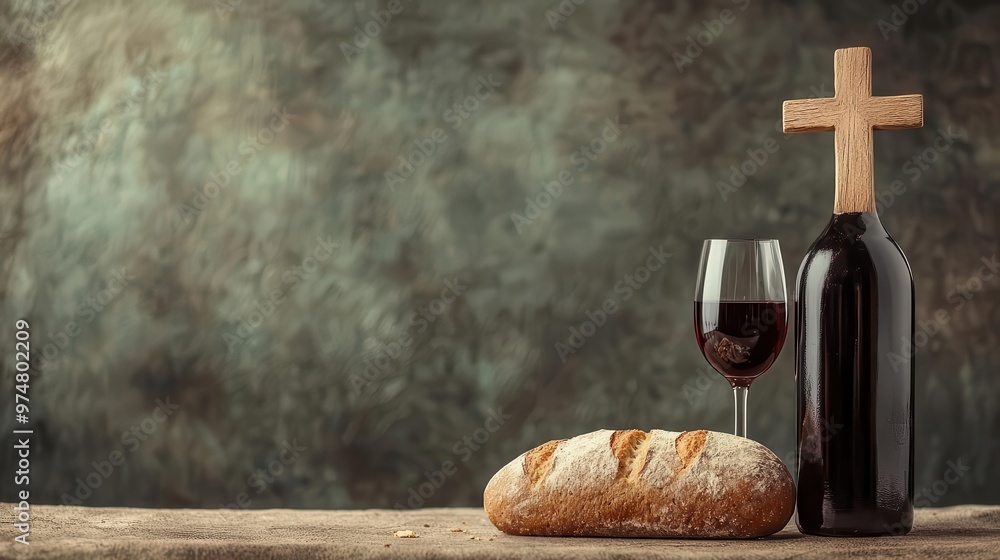 Sacred communion table with bread, wine, and a simple cross, quiet ...