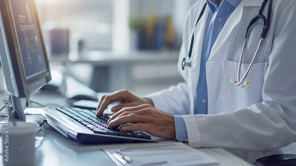 Doctor in front of a PC types on the keyboard, health concept, created ...