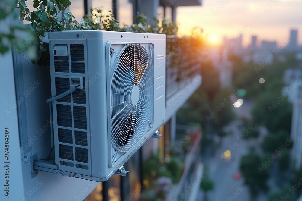 technician repairing outdoor air conditioning unit on sunny rooftop ...
