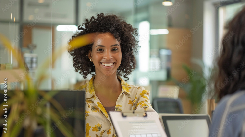 A secretary welcoming a visitor into an office, standing behind the ...