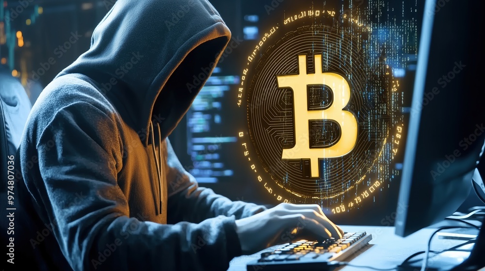 Person in a hoodie with an overlay of the Bitcoin symbol, coding on a ...