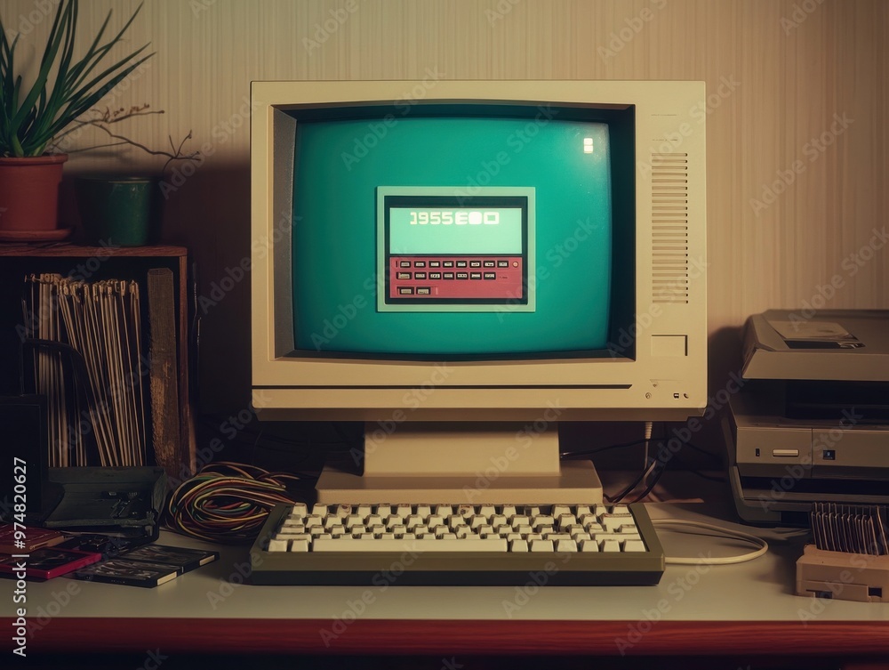 Vintage computer setup with retro monitor, keyboard, and plant ...
