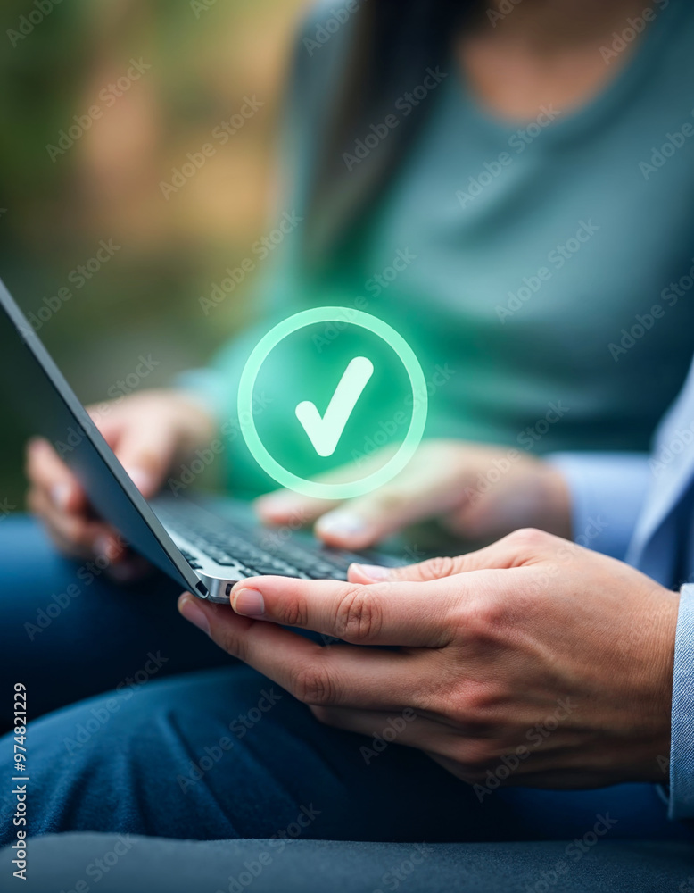 Online approval verification business man using laptop with green ...
