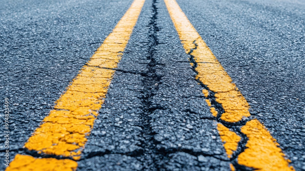 A worn-out asphalt road with faded lane markings and potholes ...