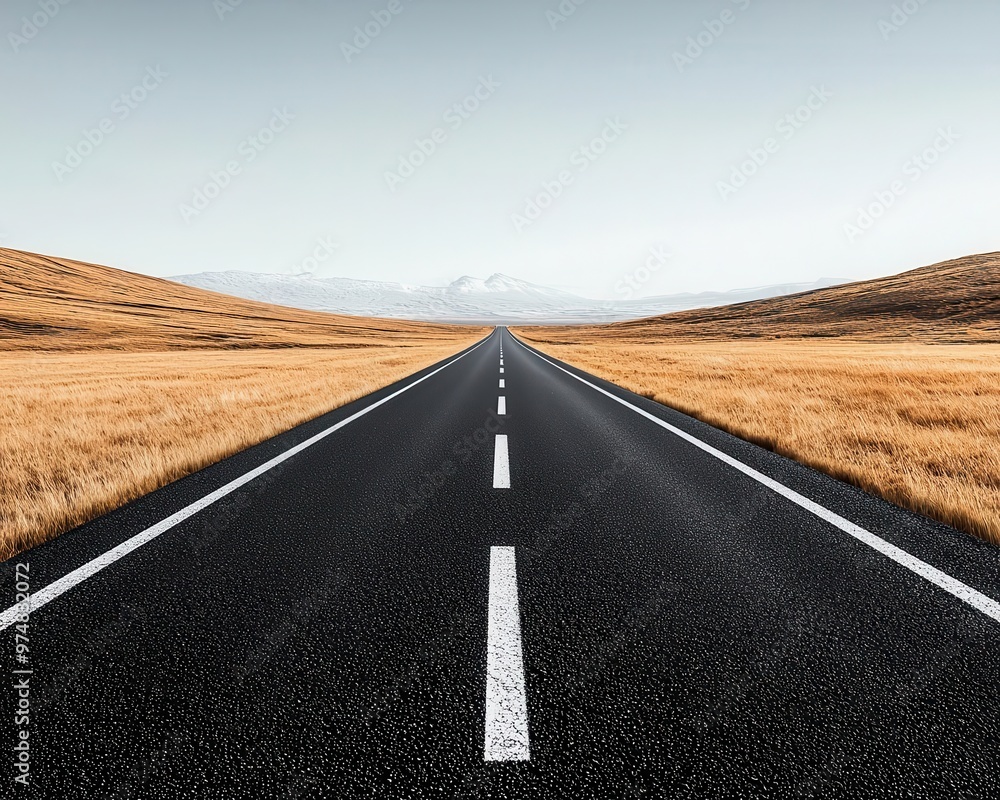A stretch of smooth asphalt road through a flat, open plain, with no ...