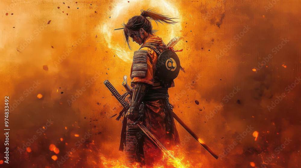 samurai warrior in traditional armor standing against a fiery backdrop ...