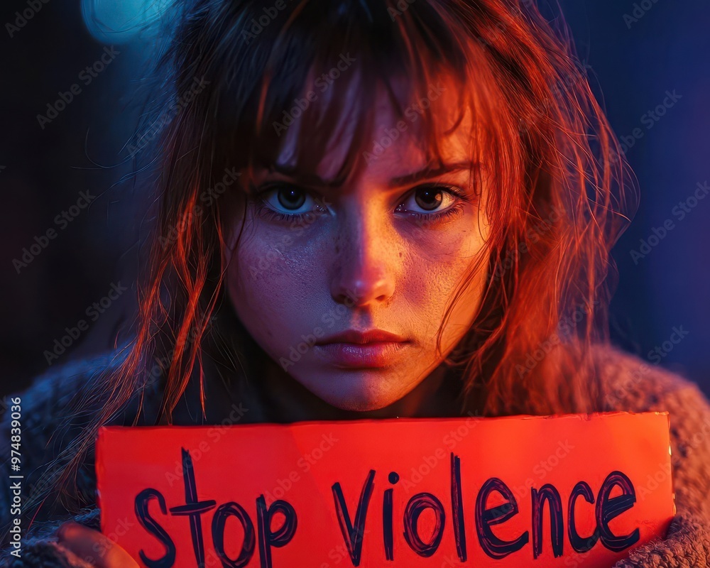 Sad woman with stop violence sign in dark room, concept of human rights ...