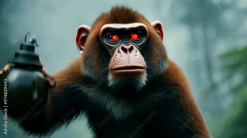 Angry monkey holds a grenade in dense jungle while showing fierce ...