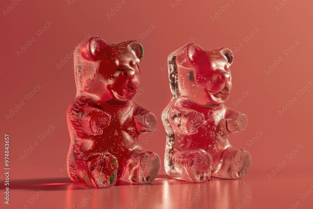Two gummy bears sit side by side, their colorful bodies and smiling ...