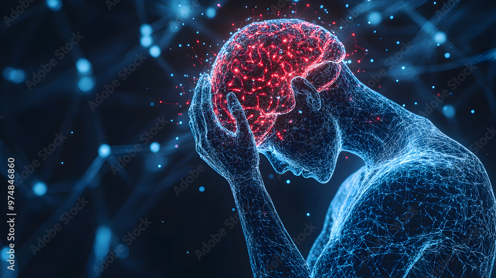 A digital avatar with blue skin stands, clutching its head with the ...