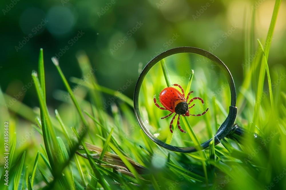 Ticks in green grass under magnifying glass, concept of parasite ...