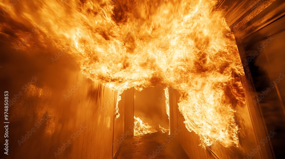 Intense fire engulfing a hallway, showcasing the destructive power of ...