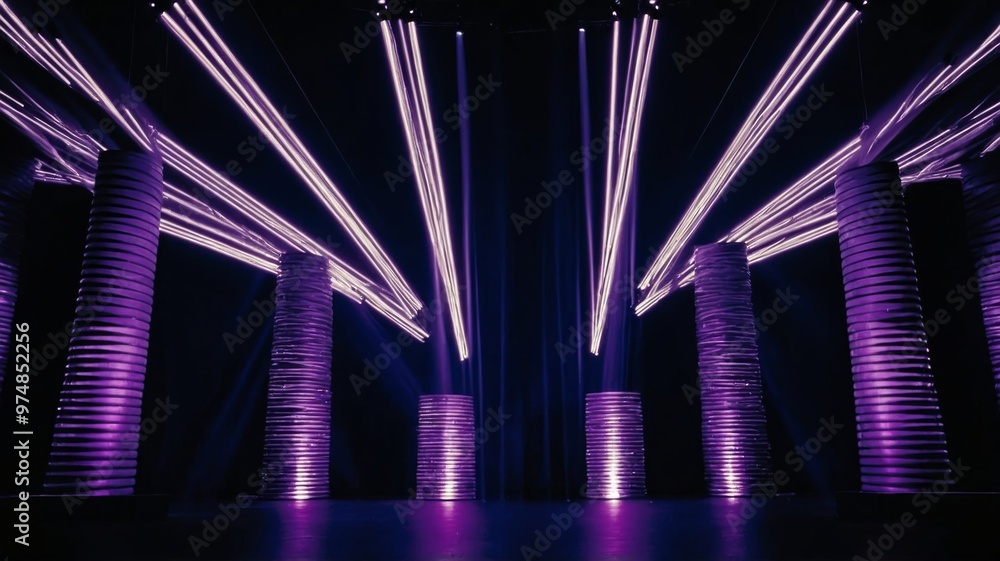 Futuristic Stage Lighting Show with Purple Laser Beams and Columns in a ...