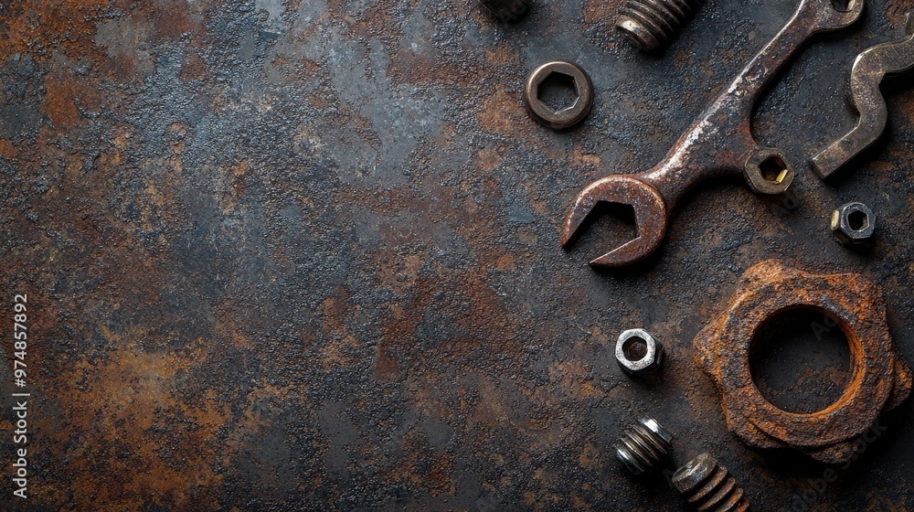 rusty tools and bolts spread across a dark metallic surface, with space ...