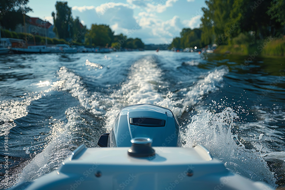 Powerful outboard motor propelling a boat through tranquil waters ...
