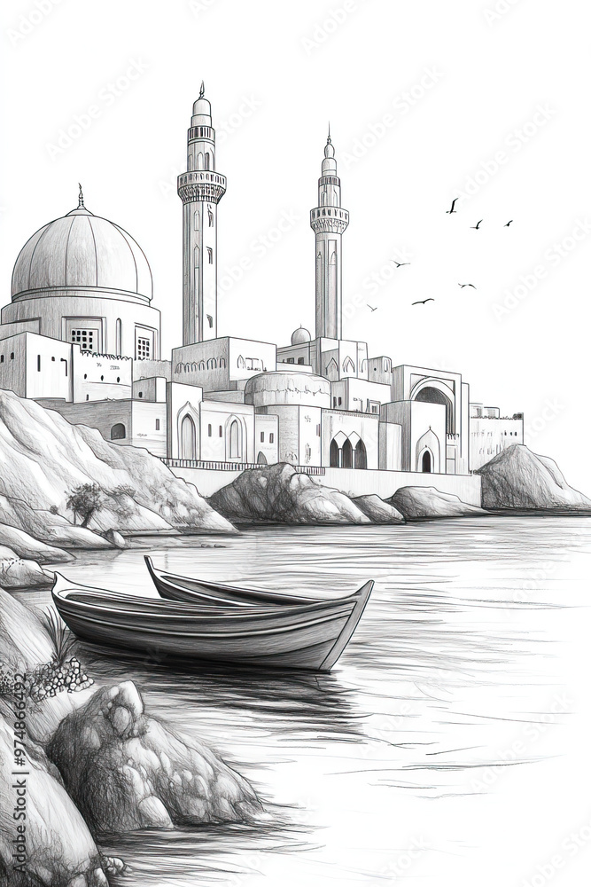 Sohar, Oman, black and white pen pencil hand-drawn effect portrait ...