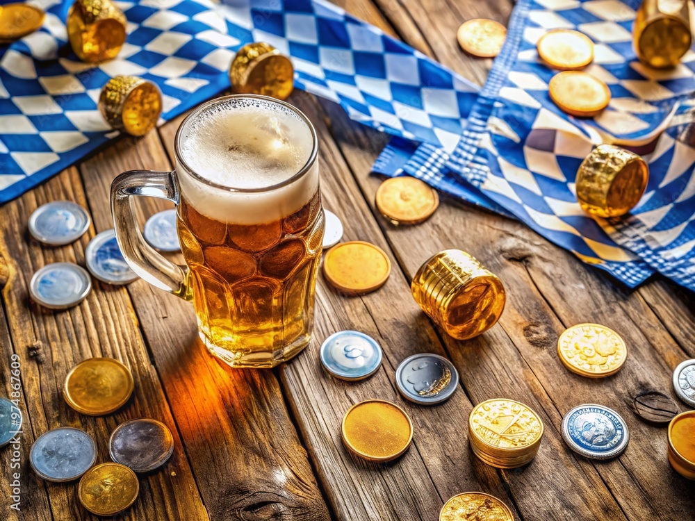 Euro coins and banknotes are scattered on a traditional German-style ...