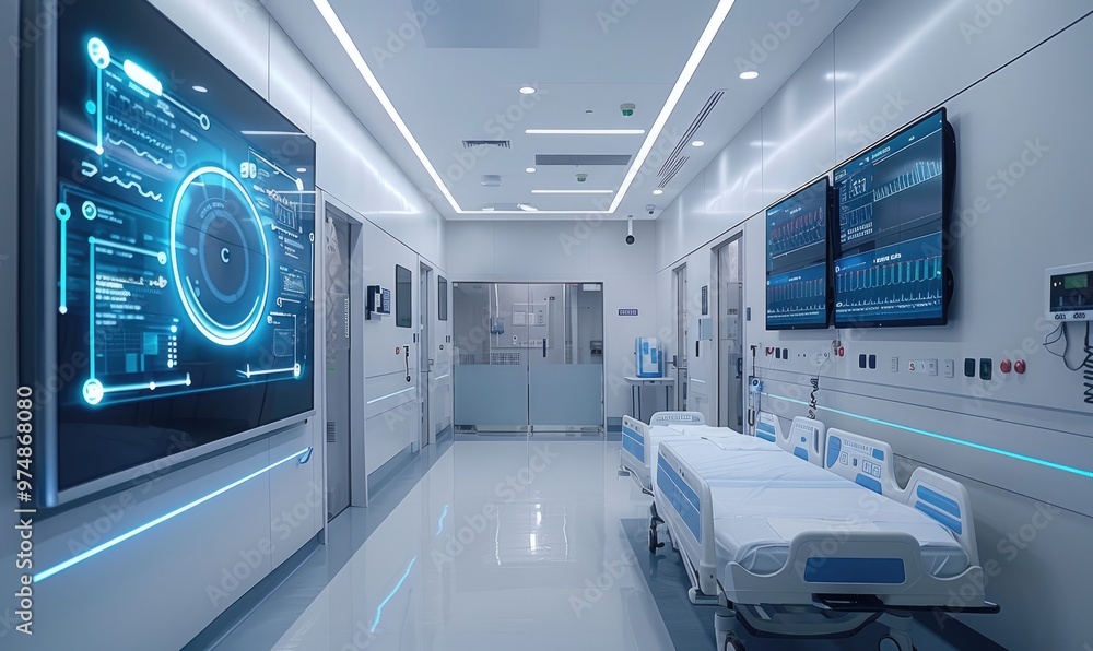 High-tech hospital room with advanced medical equipment, digital ...