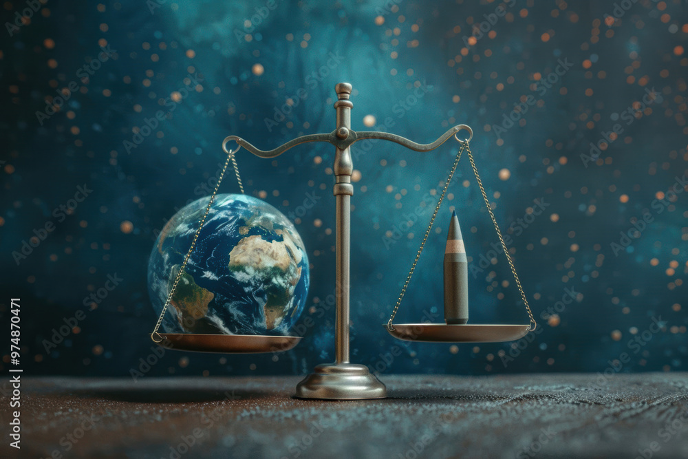 Doomsday Scales. On one scale is planet earth, on the other is weapons ...