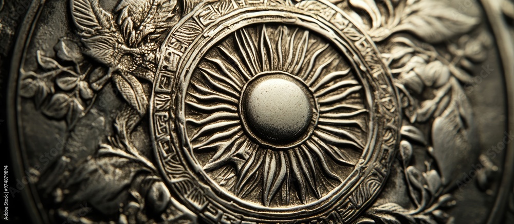 Artwork of a vintage silver coin featuring a sun within floral designs ...