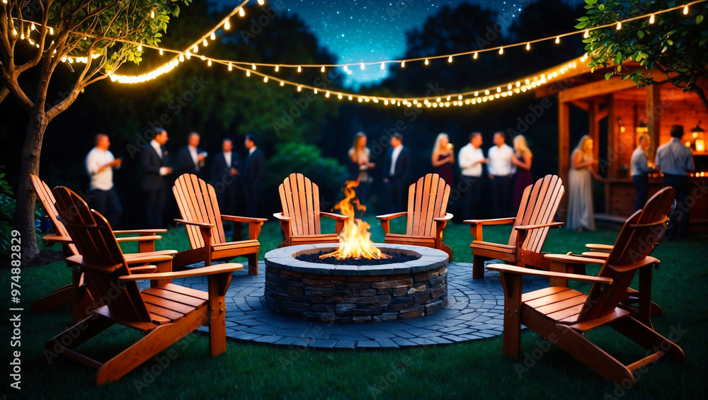 Cozy Outdoor Fire Pit Gathering with Wooden Adirondack Chairs and ...