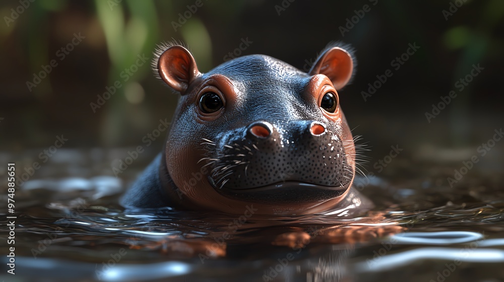 Cute baby hippo with oversized feet, happily playing in water, fun and ...