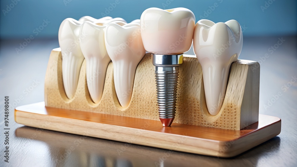 A detailed model of a tooth implant shown alongside natural teeth ...