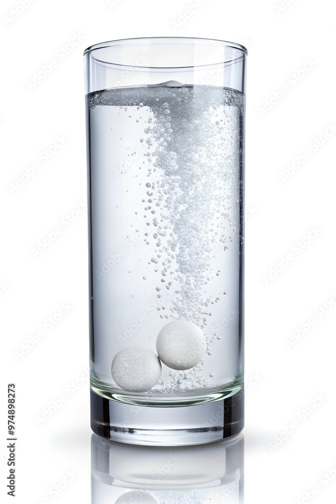 A close-up view of two effervescent tablets dissolving in a glass of ...