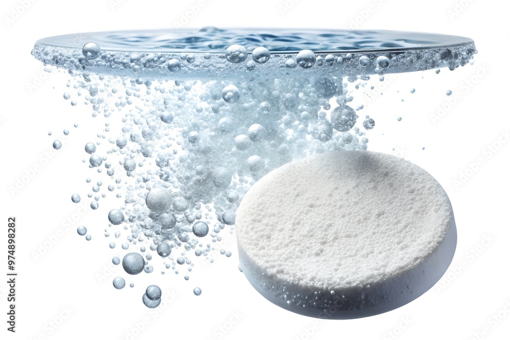 A close-up of an effervescent soluble tablet dissolving in water ...