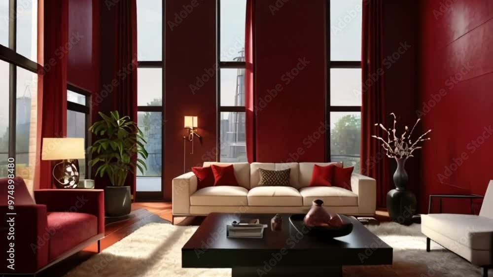 A contemporary living room with a deep red wall and a large window. and ...