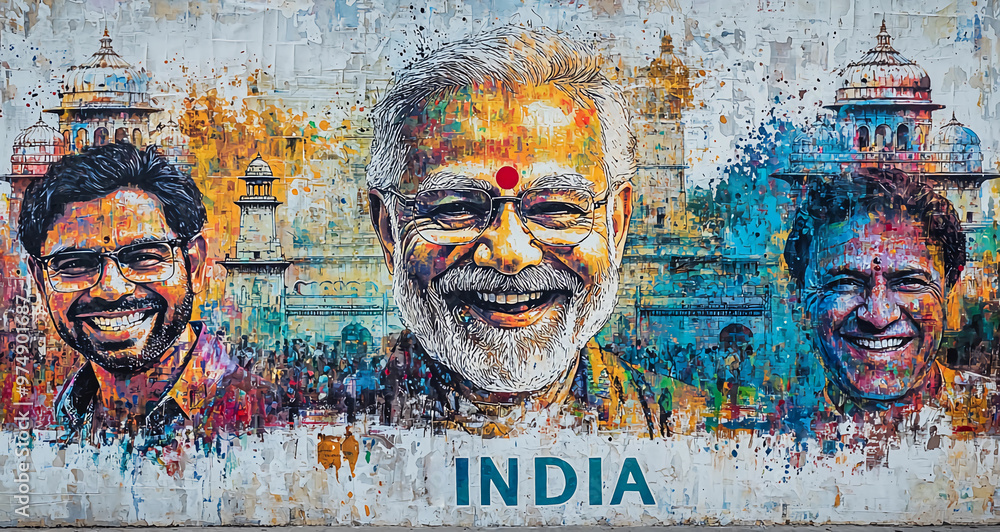 Graffiti image of Indian diplomats in front of Indian Architecture with ...