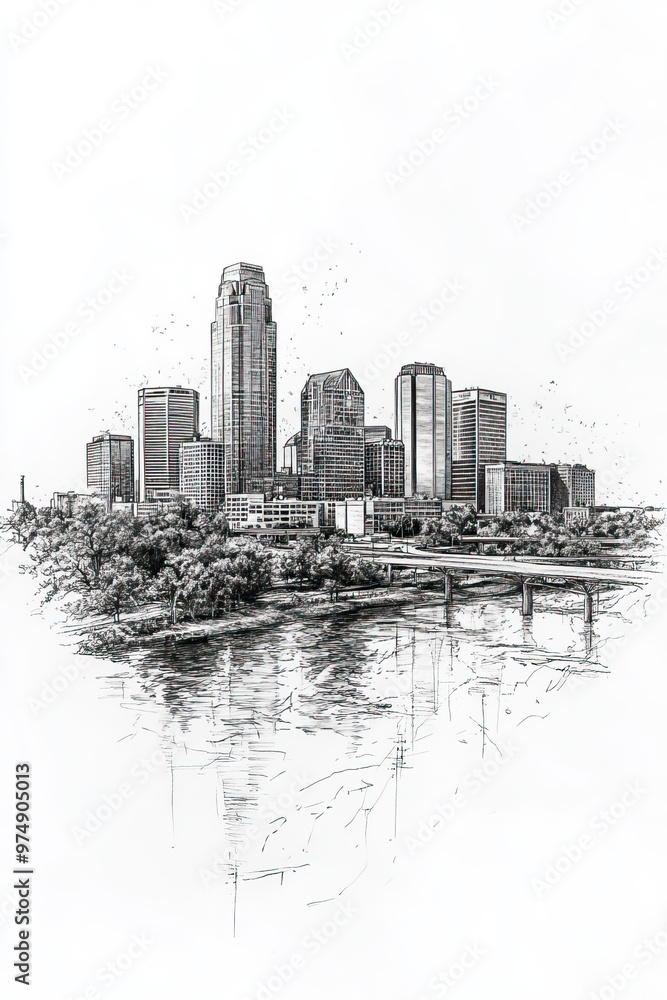 Wichita, Kansas, black and white pen pencil hand-drawn effect portrait ...