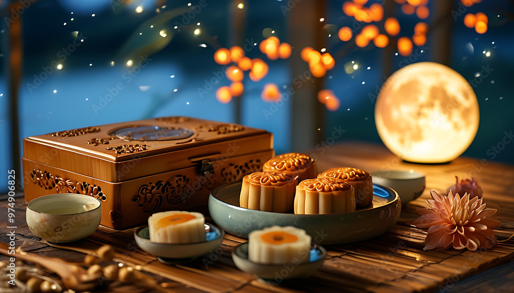 Mid-Autumn celebration at night, mooncakes and lotus seeds in food box ...