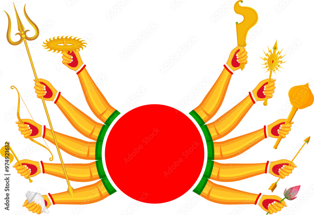 Goddess Durga ten hands in Happy Durga Puja Subh Navratri banner background Stock Vector | Adobe ...