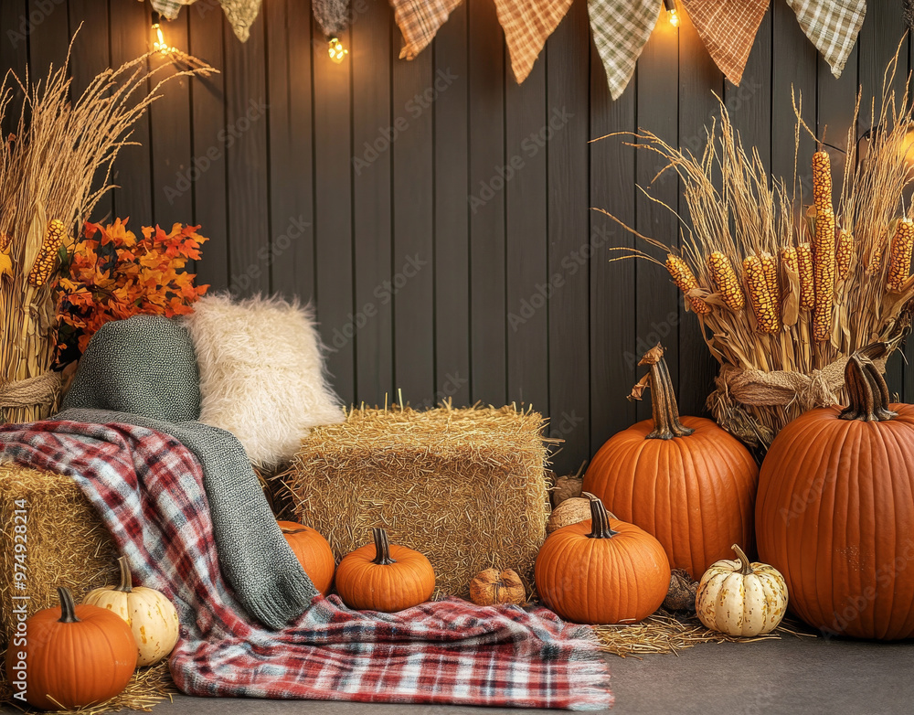 Cozy Fall Farmhouse Backdrop: A charming autumnal scene with pumpkins ...