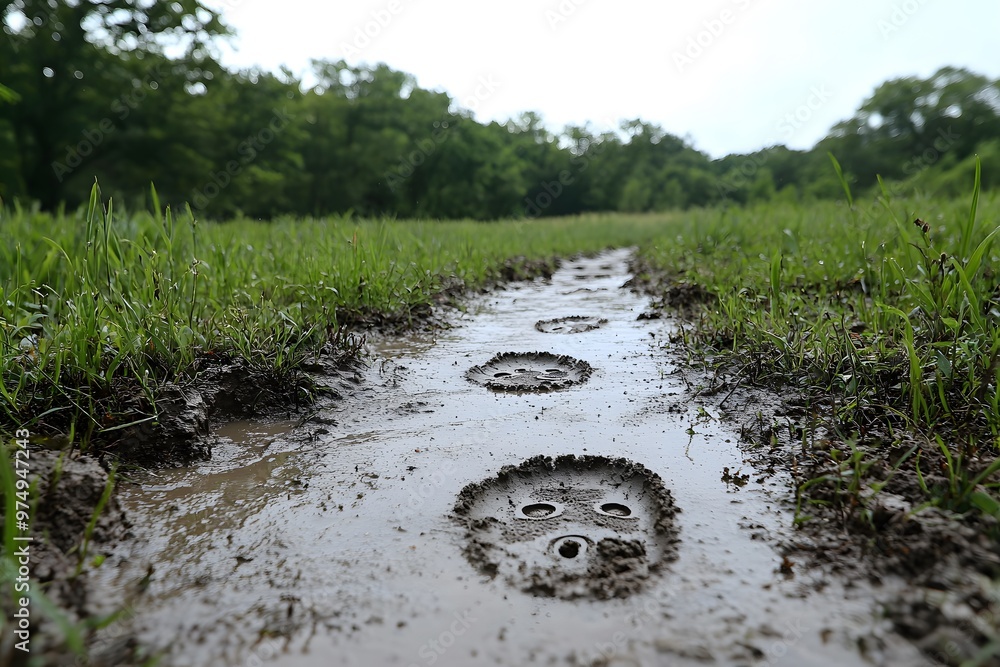 Smiley face mud puddles on a forest path: nature's unexpected art Stock ...