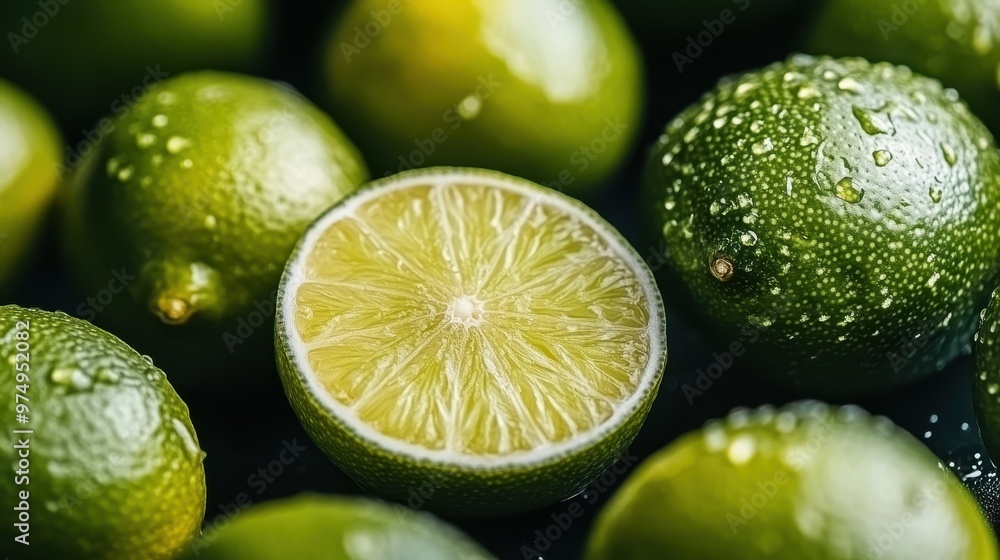 The image captures fresh, green limes with glistening water droplets on ...
