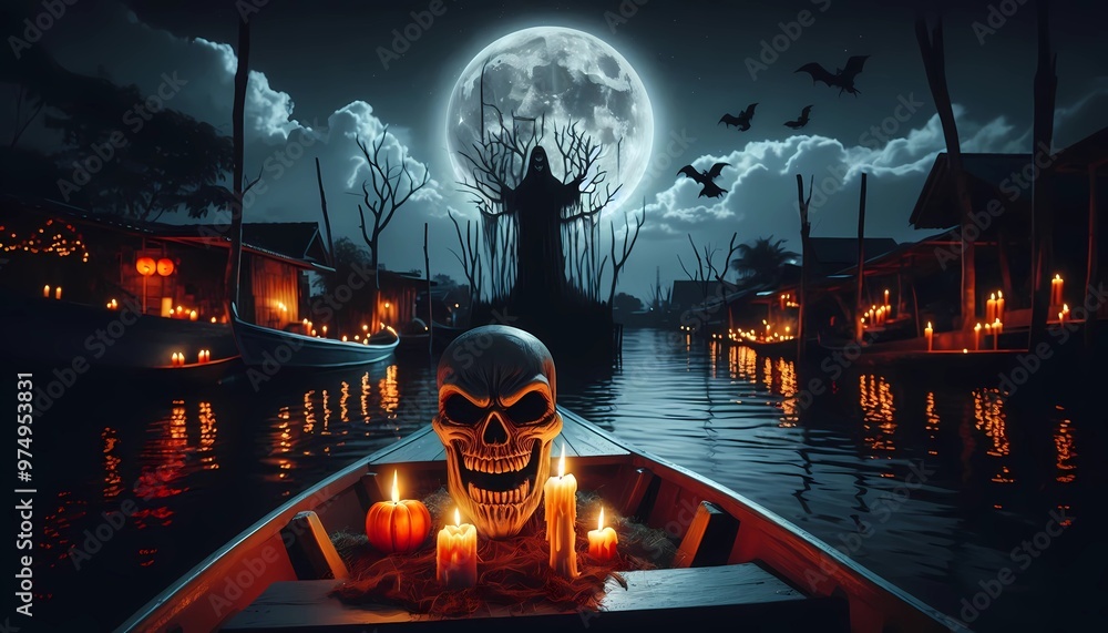 halloween scene, Candle lit halloween face on the boat river view very ...