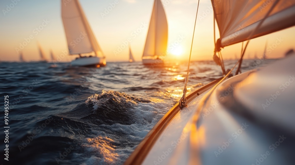 Sailboats navigating through the open ocean at sunset with glistening ...